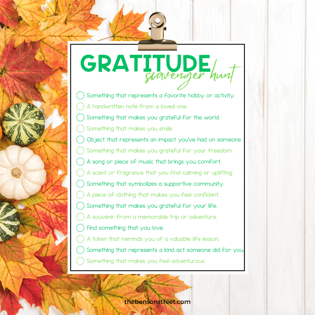Gratitude Scavenger Hunt Printable: Thanksgiving Activity - The Benson ...