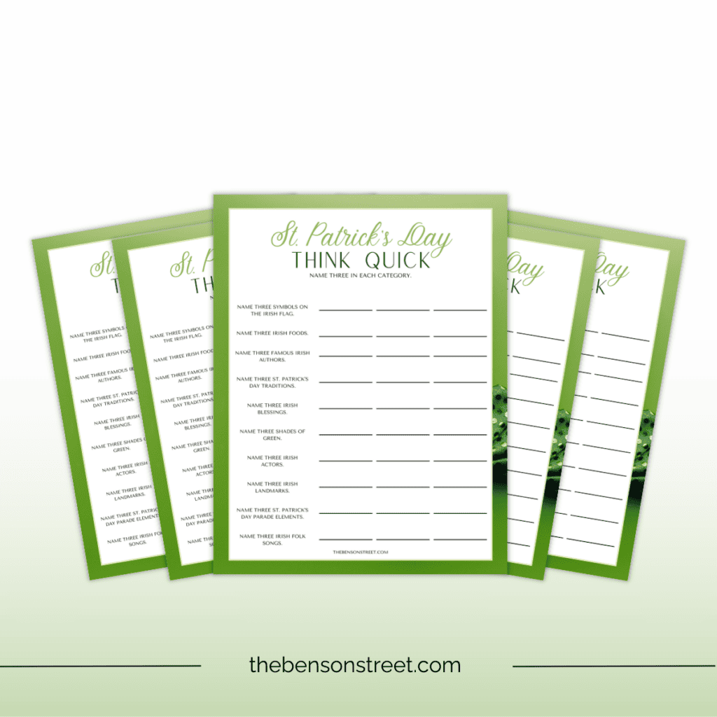 St. Patrick's Day Think Fast Game Free Printable - The Benson Street