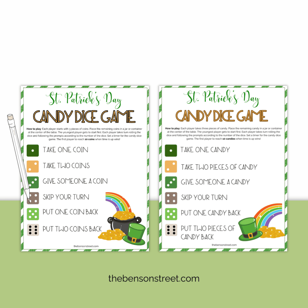 St. Patrick's Day Dice Game Printable for Kids