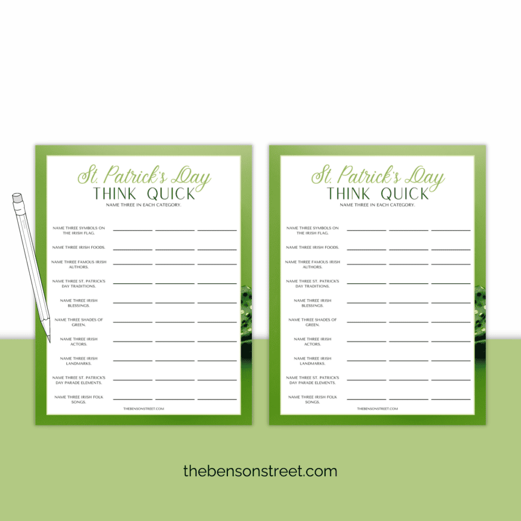St. Patrick's Day Think Fast Game Free Printable - The Benson Street