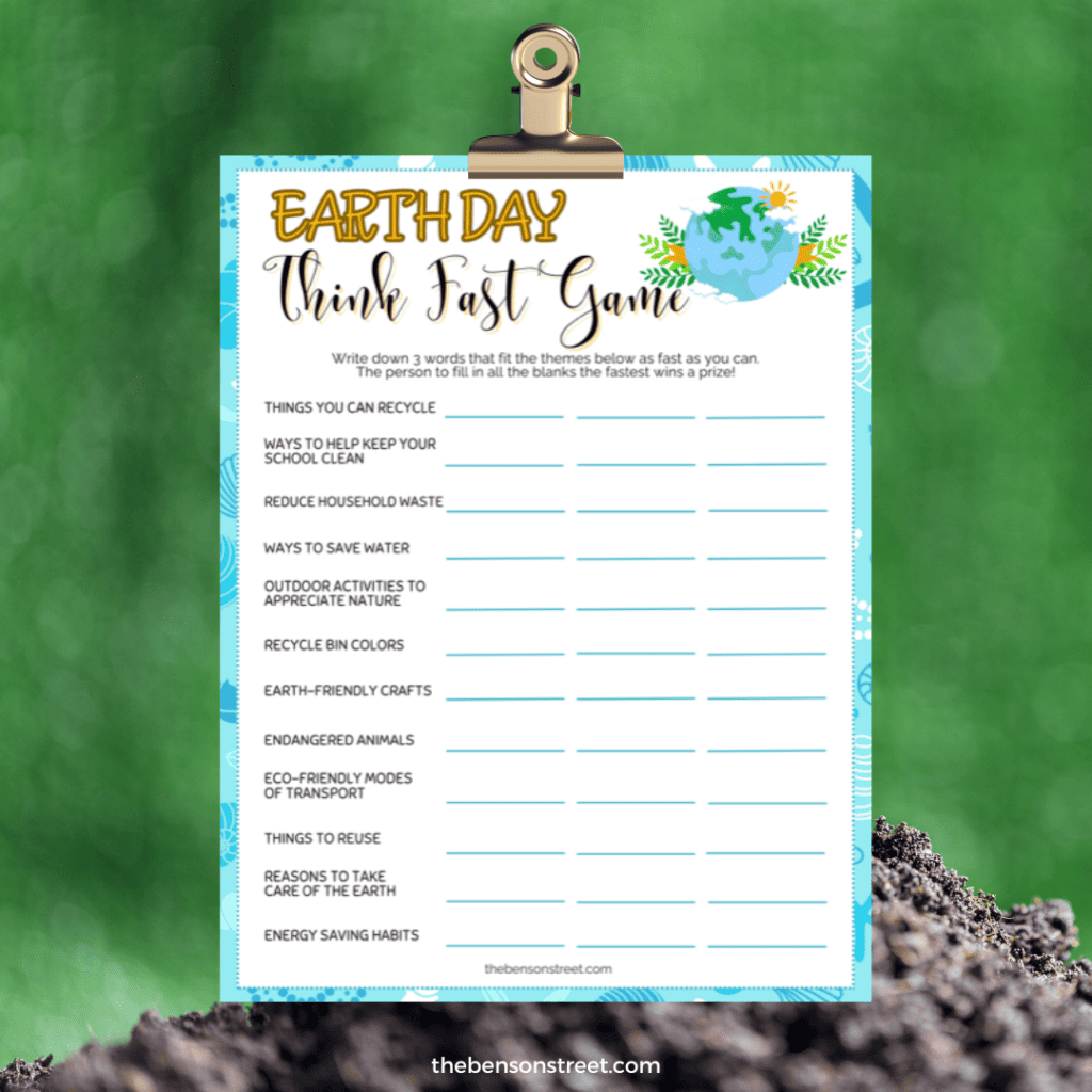 Earth Day Think Fast: Free Printable Game - The Benson Street