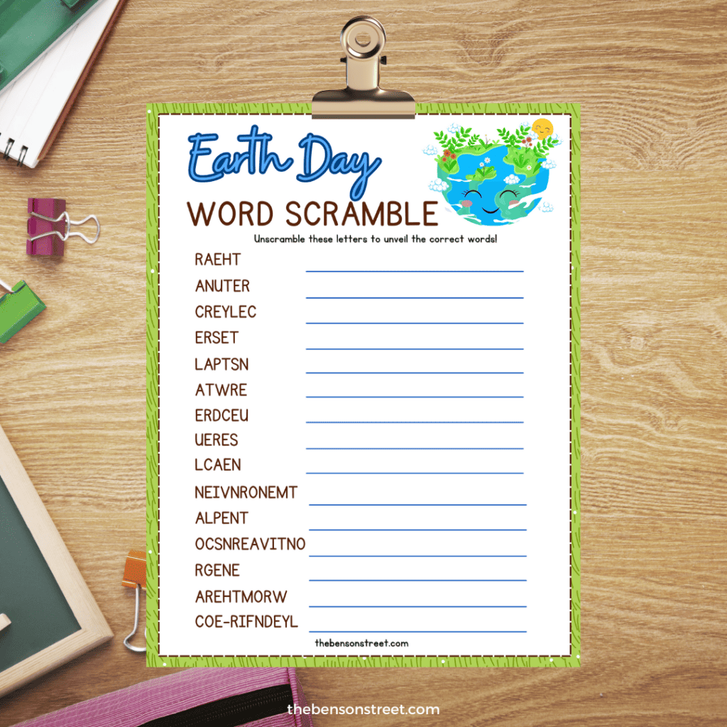 Earth Day Word Scramble: Free Printable for Kids - The Benson Street