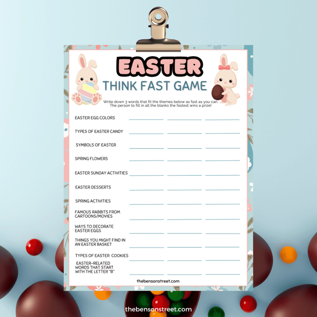 FREE Easter Think Fast Game Printable: Fun Party Game - The Benson Street