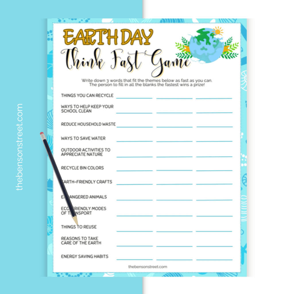 Earth Day Think Fast: Free Printable Game - The Benson Street