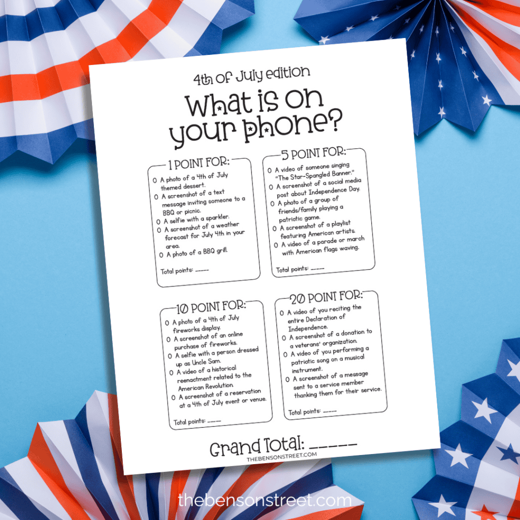 4th of July What Is On Your Phone Game: Free Printable - The Benson Street