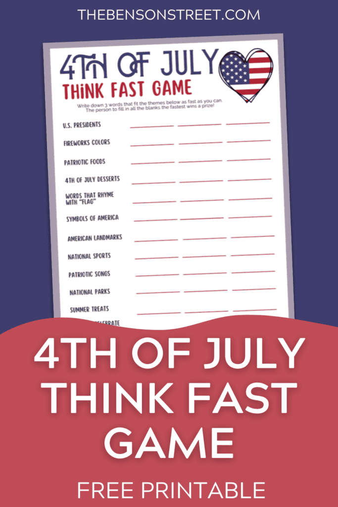 4th of July Think Fast Game Free Printable - The Benson Street