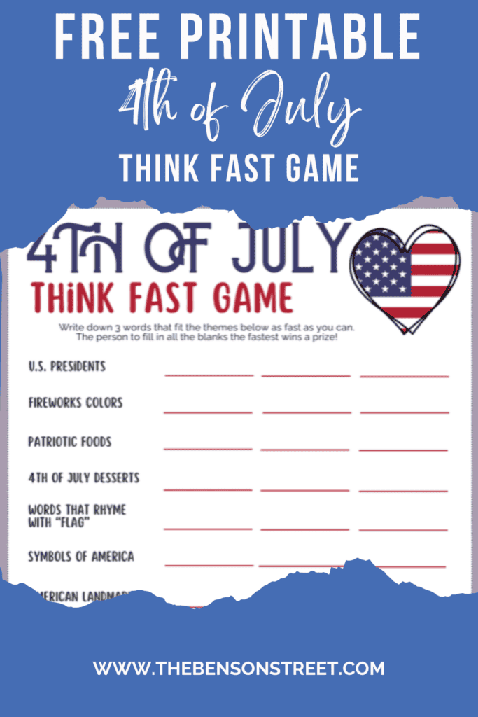 4th of July Think Fast Game Free Printable - The Benson Street