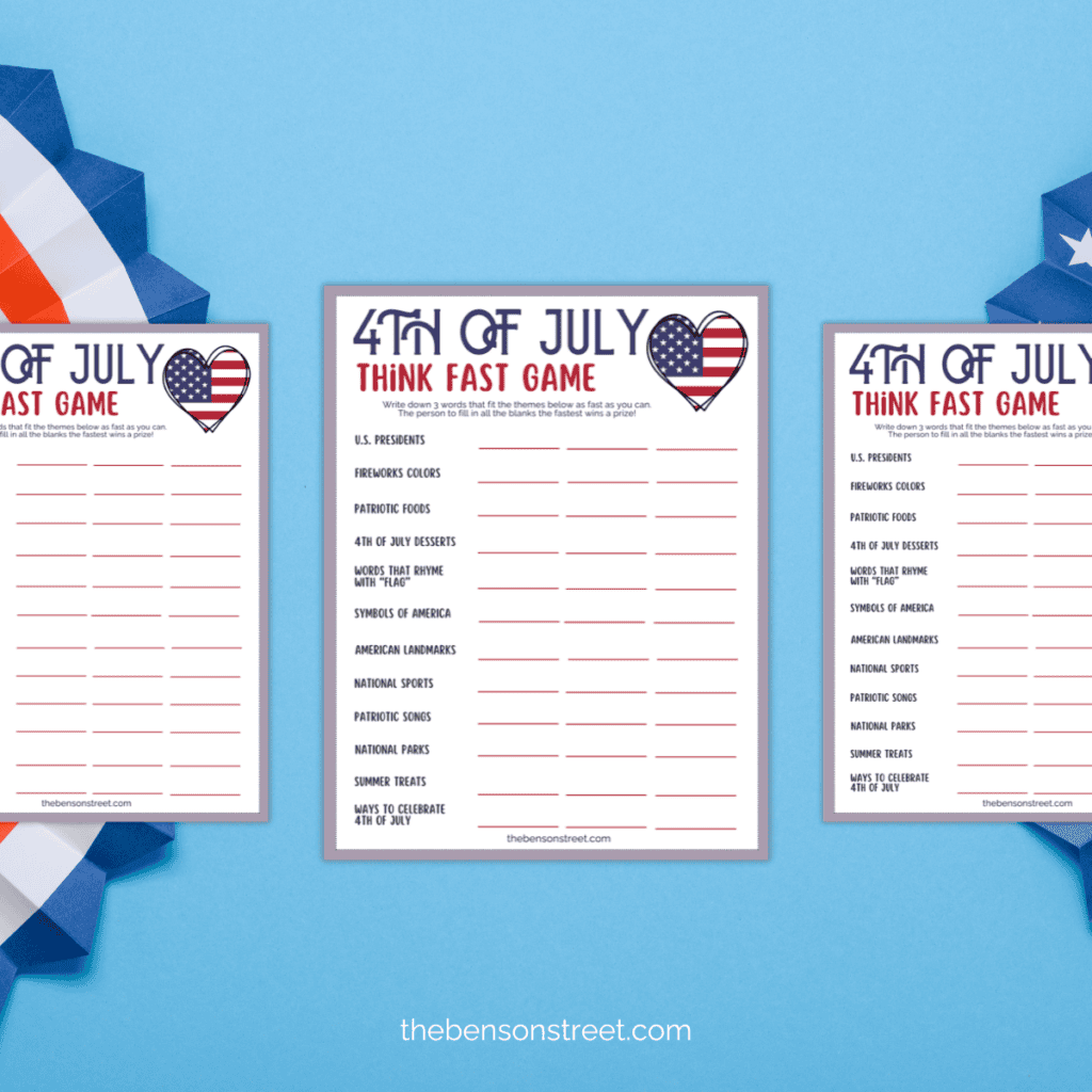 4th of July Think Fast Game Free Printable - The Benson Street