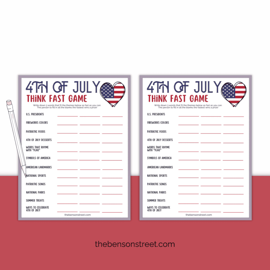 4th of July Think Fast Game Free Printable - The Benson Street
