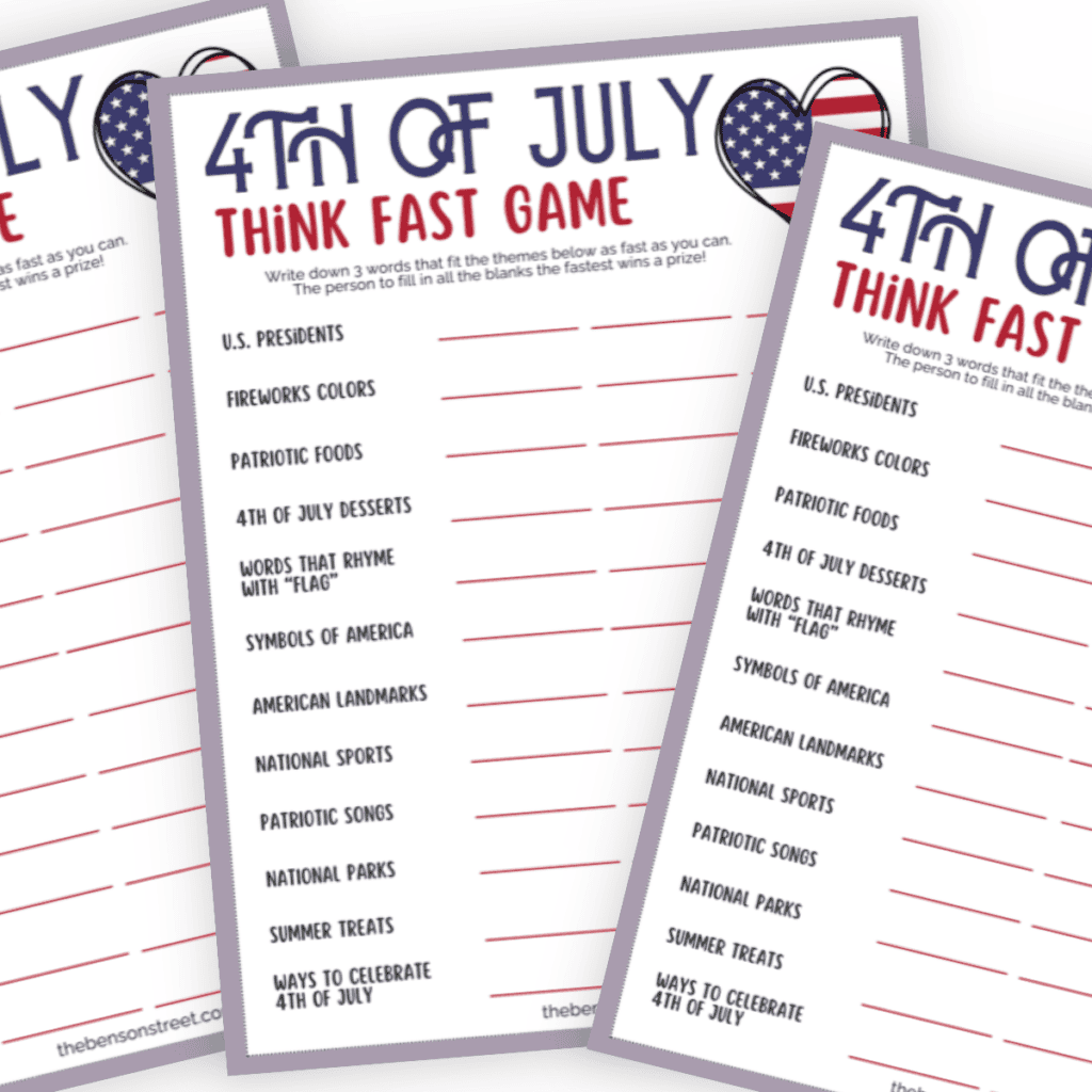 4th of July Think Fast Game Free Printable - The Benson Street
