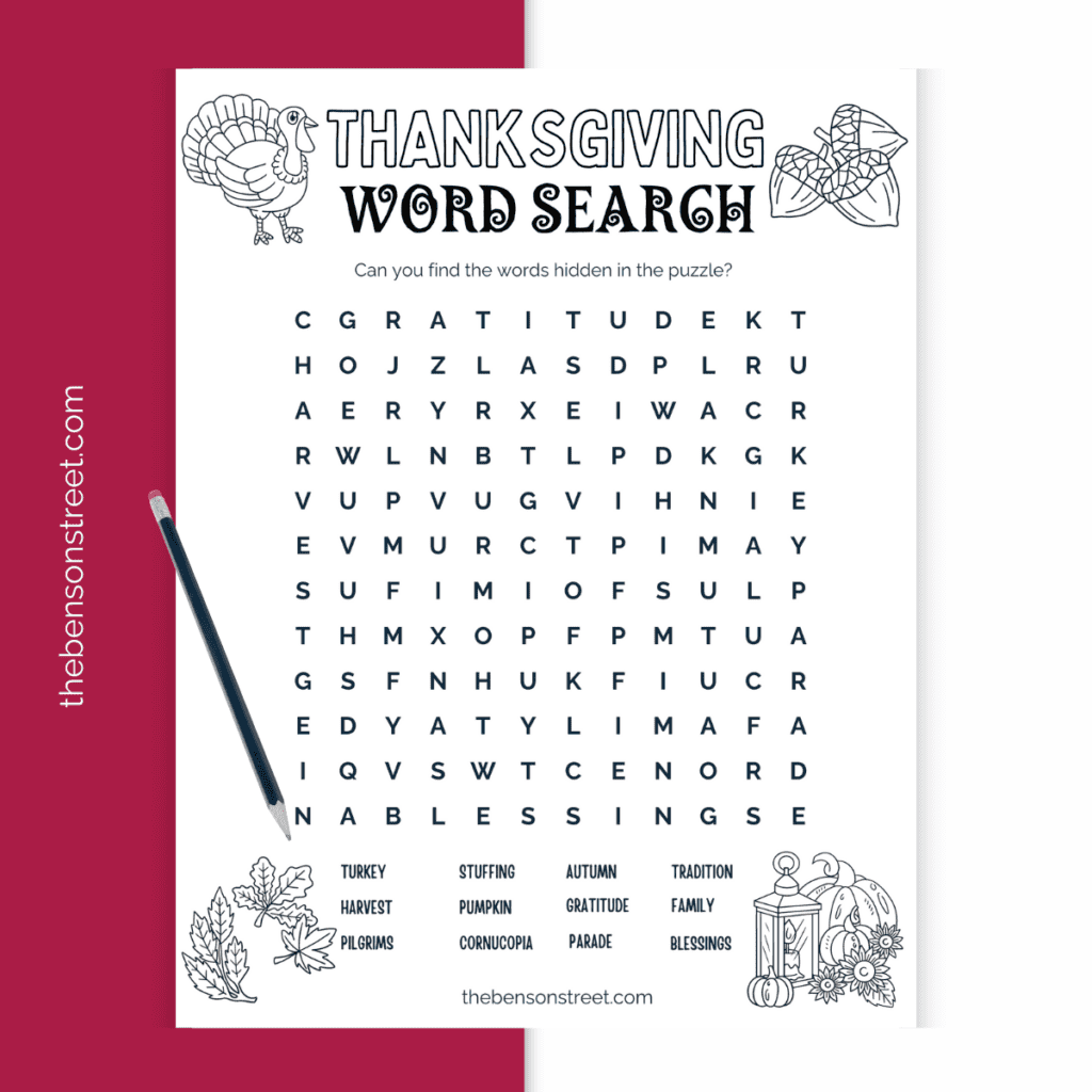 Free Thanksgiving Word Search Printable for Kids - The Benson Street
