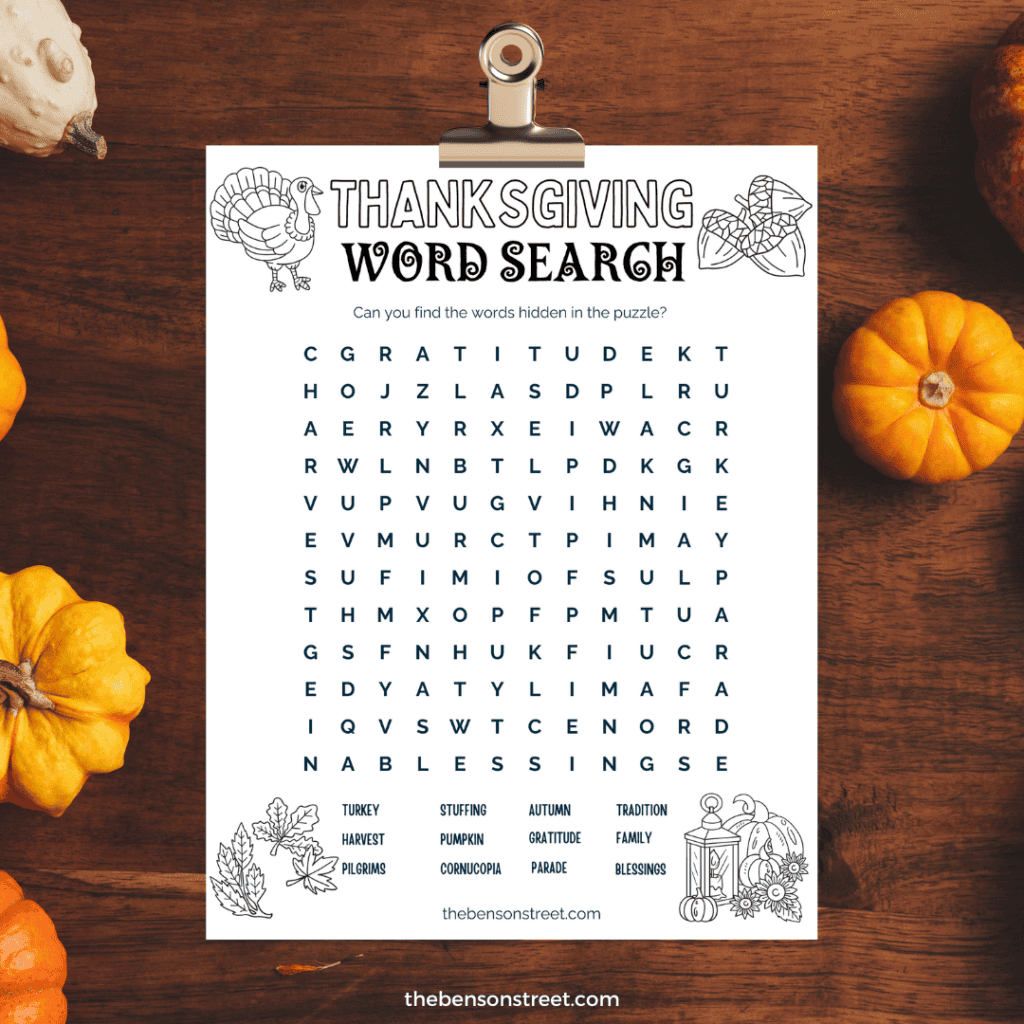 Free Thanksgiving Word Search Printable for Kids - The Benson Street