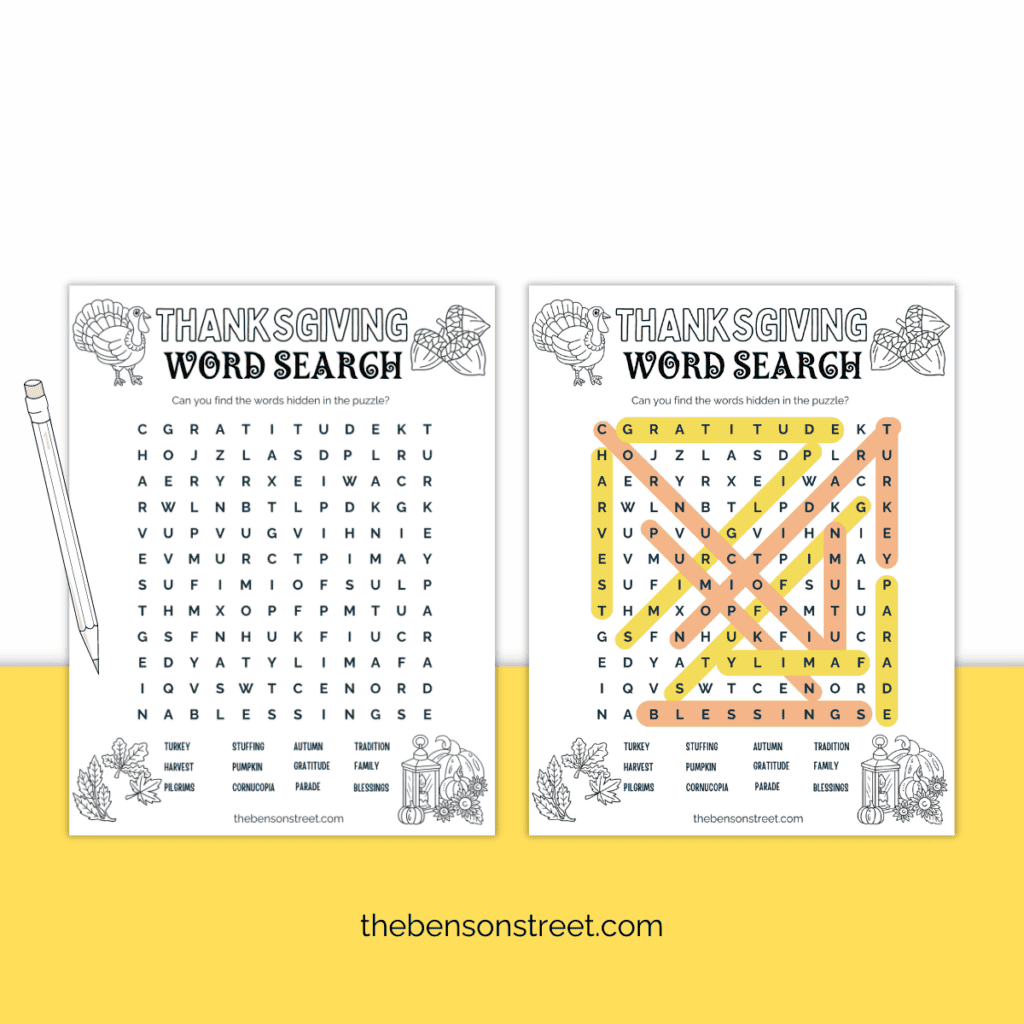 Free Thanksgiving Word Search Printable for Kids - The Benson Street