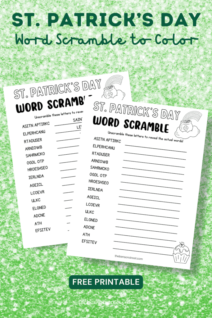 Free Printable St. Patrick's Day Word Scramble Coloring Page