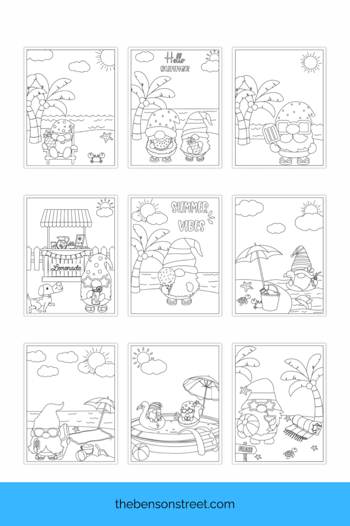 Free Printable Summer Coloring Pages with Cute Gnomes