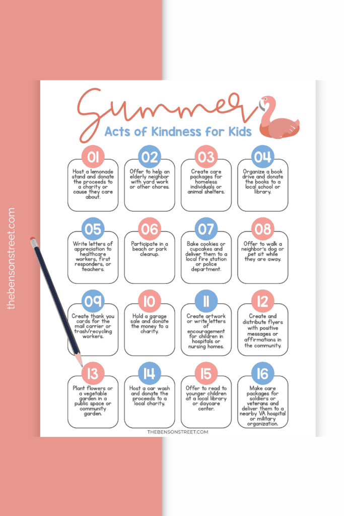 Summer Random Acts of Kindness for Kids Free Printable Page