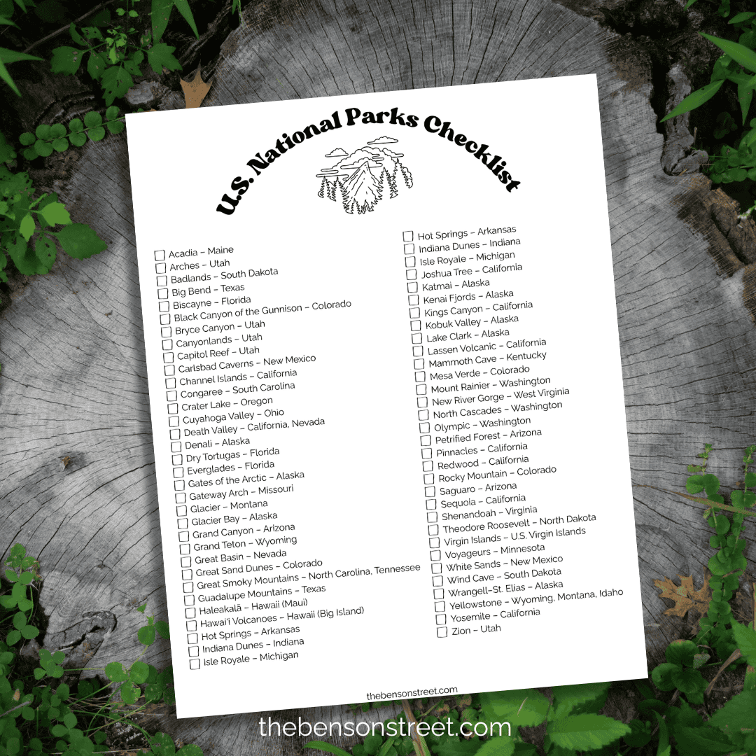 FREE Checklist Printable List of U.S. National Parks - The Benson Street