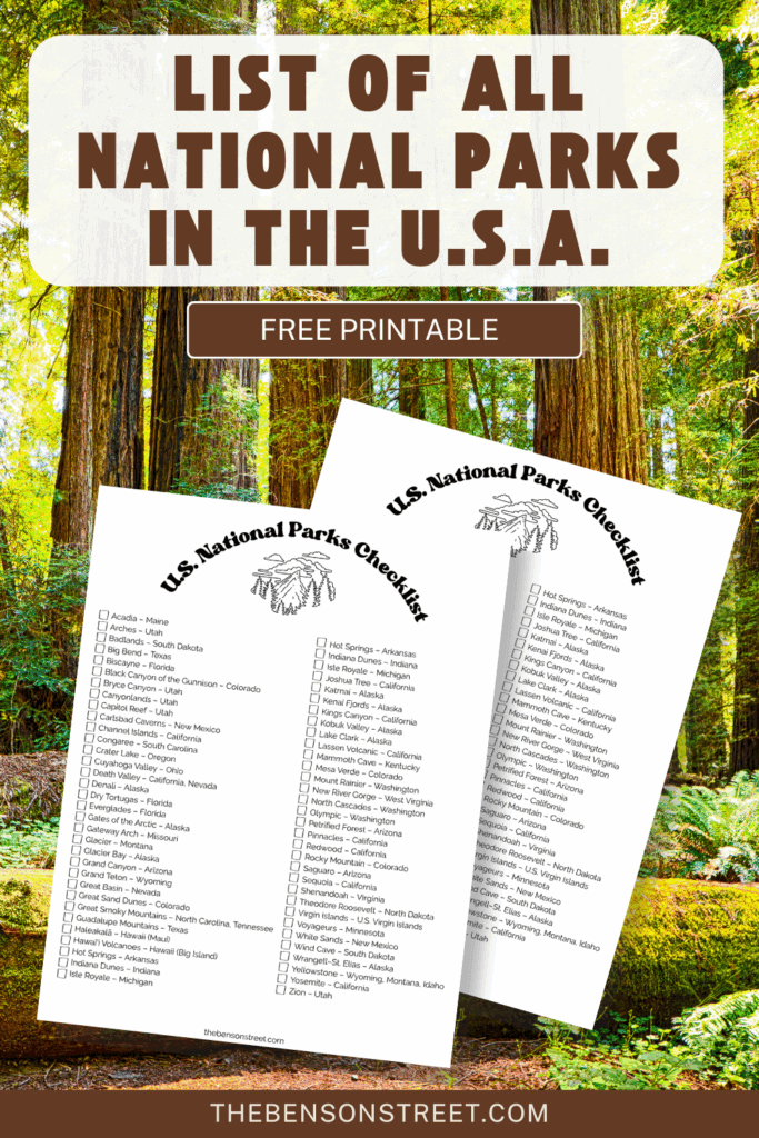 FREE Checklist Printable List of U.S. National Parks - The Benson Street