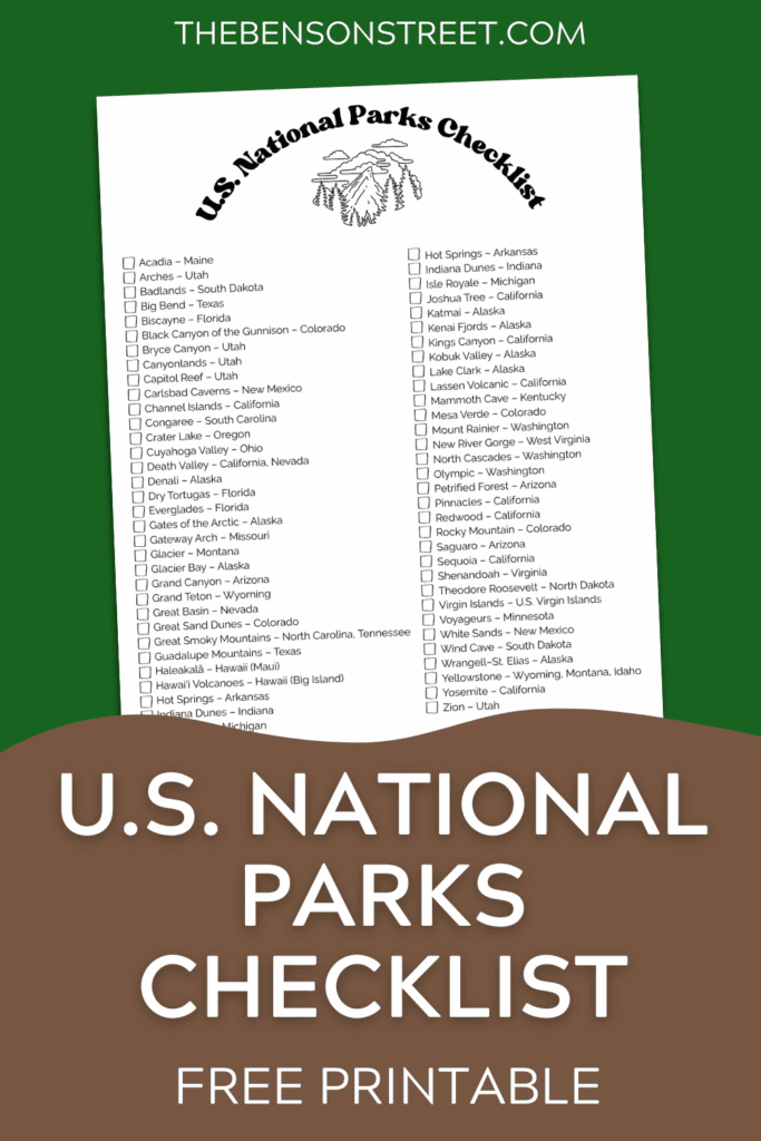 FREE Checklist Printable List of U.S. National Parks - The Benson Street