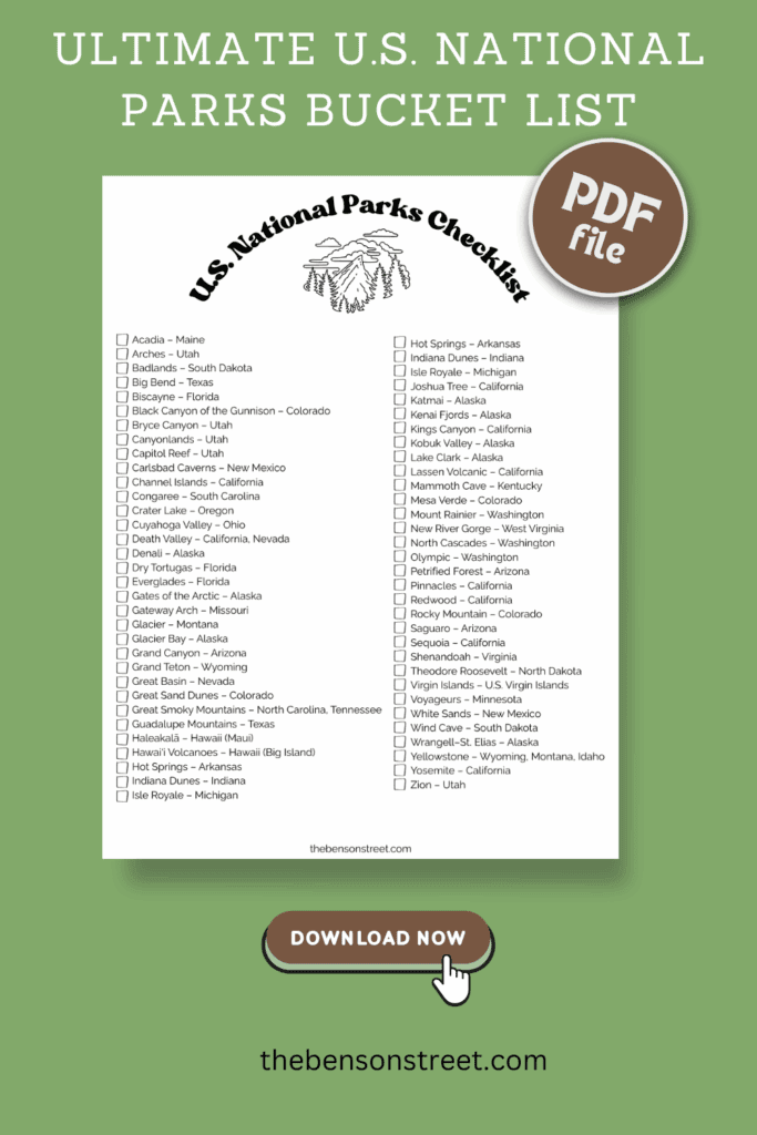 FREE Checklist Printable List of U.S. National Parks - The Benson Street