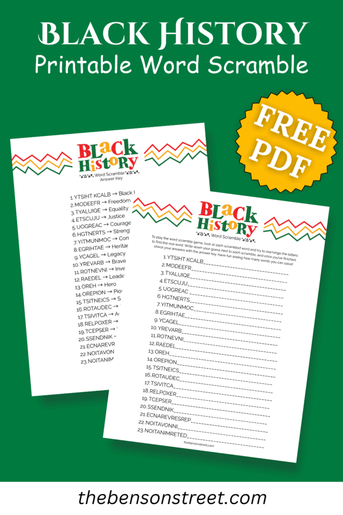 Free Printable Black History Month Word Scramble for Kids - The Benson ...