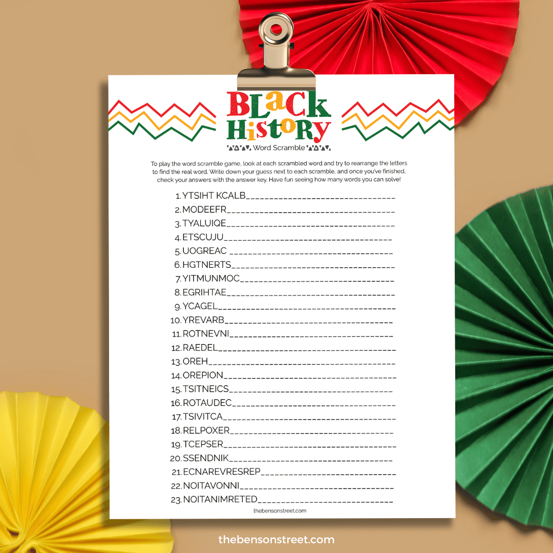 Free Printable Black History Month Word Scramble for Kids - The Benson ...