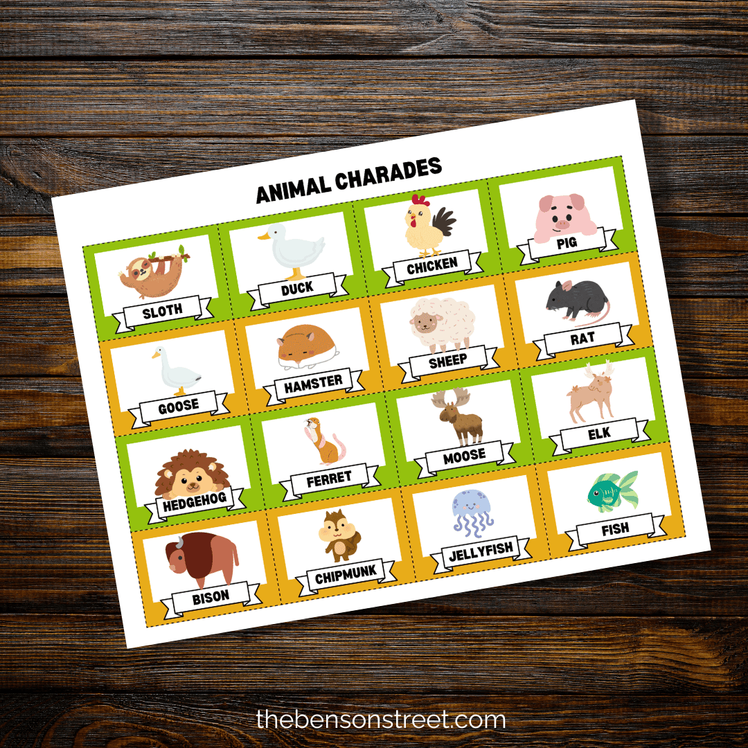 Free Animal Charades Printable Cards Game for Kids - The Benson Street