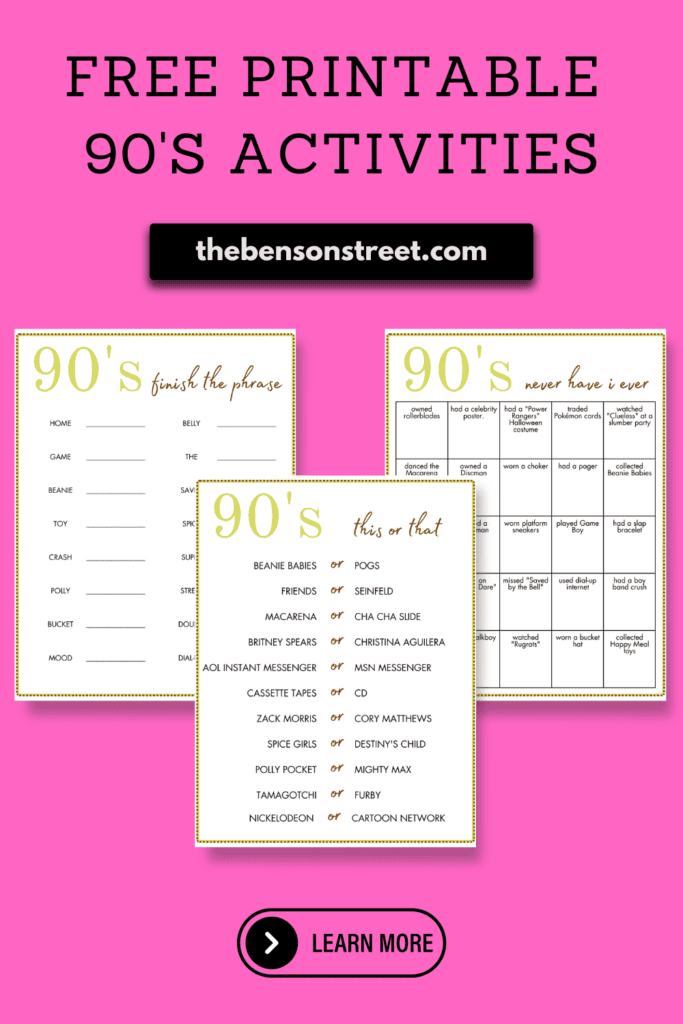 Free Printable 90s Themed Games & Activities Party Bundle - The Benson ...